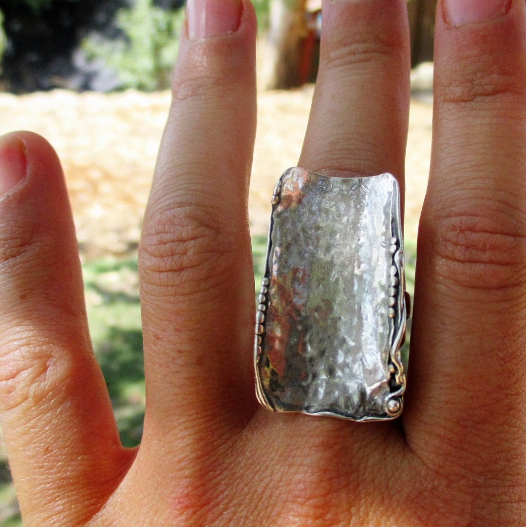 Wide Hammered Sterling Silver Ring for Women - Long Rectangular Boho ...