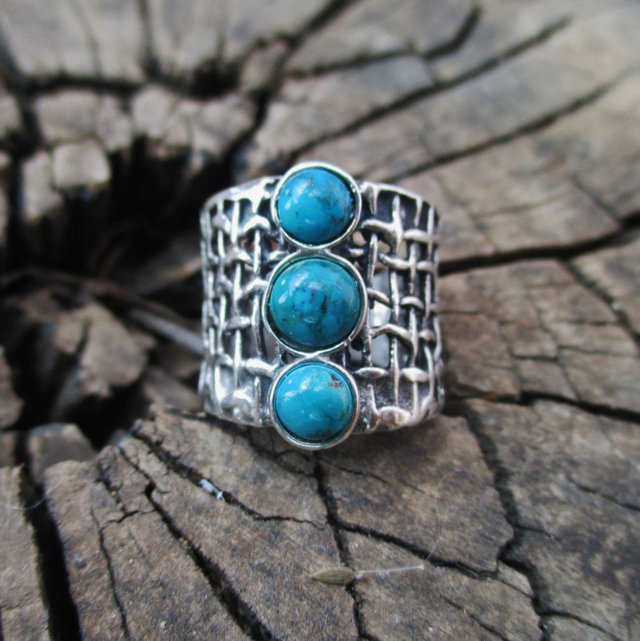 Silver Multi Stone Lattice Ring, Wide Turquoise Ring for Women, Design ...