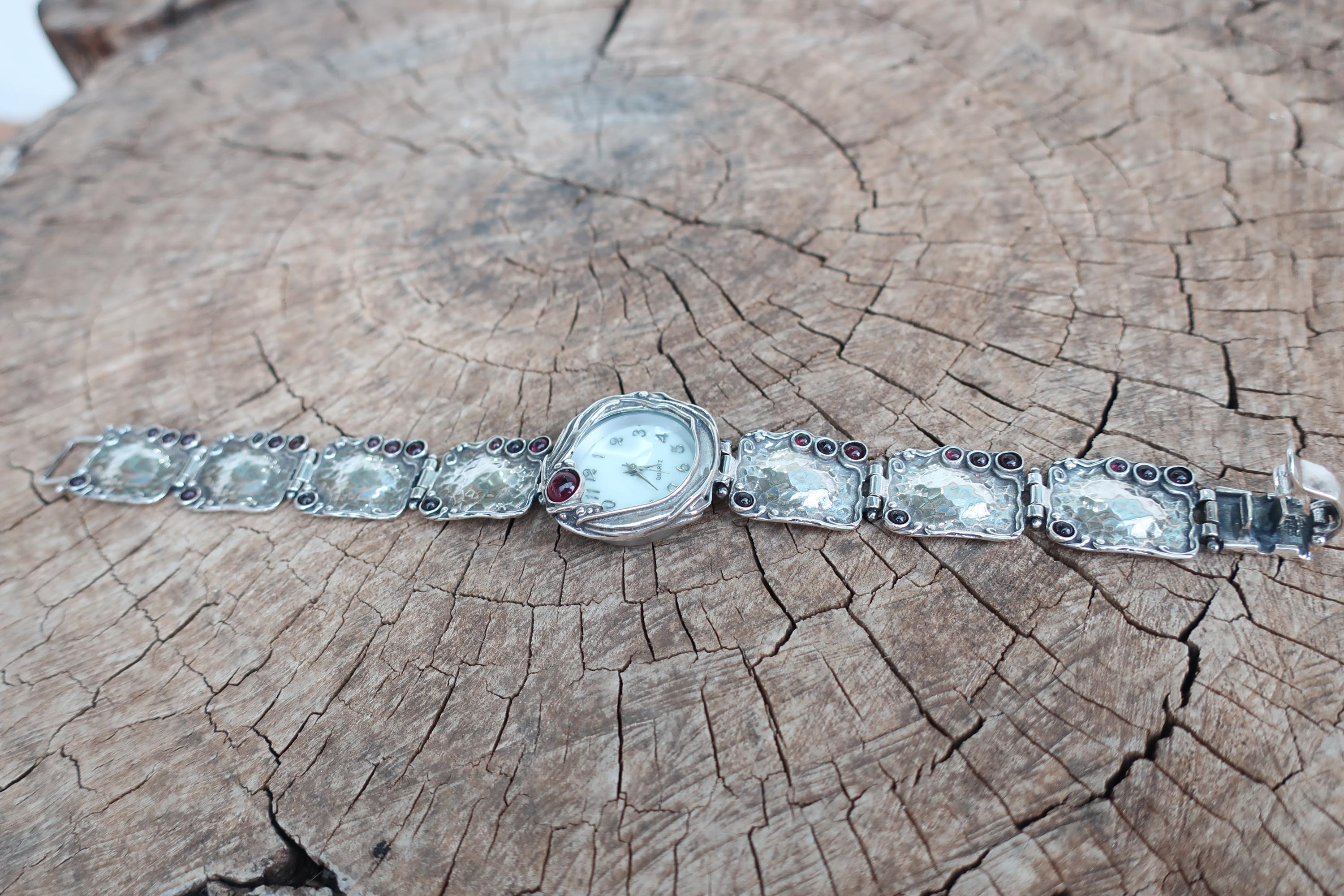 Sterling Silver Garnet Gemstone Links Watch Bracelet for Women, Unique ...