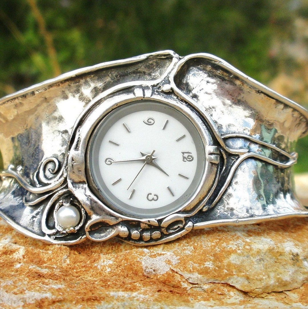 Wide Silver Cuff Watch: Bohemian Pearl Gemstone Women's Watch - Etsy