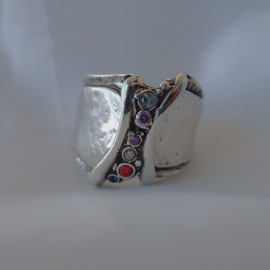 Silver Wide Band Ring – Zircon Inlays, Gift for Her - Etsy