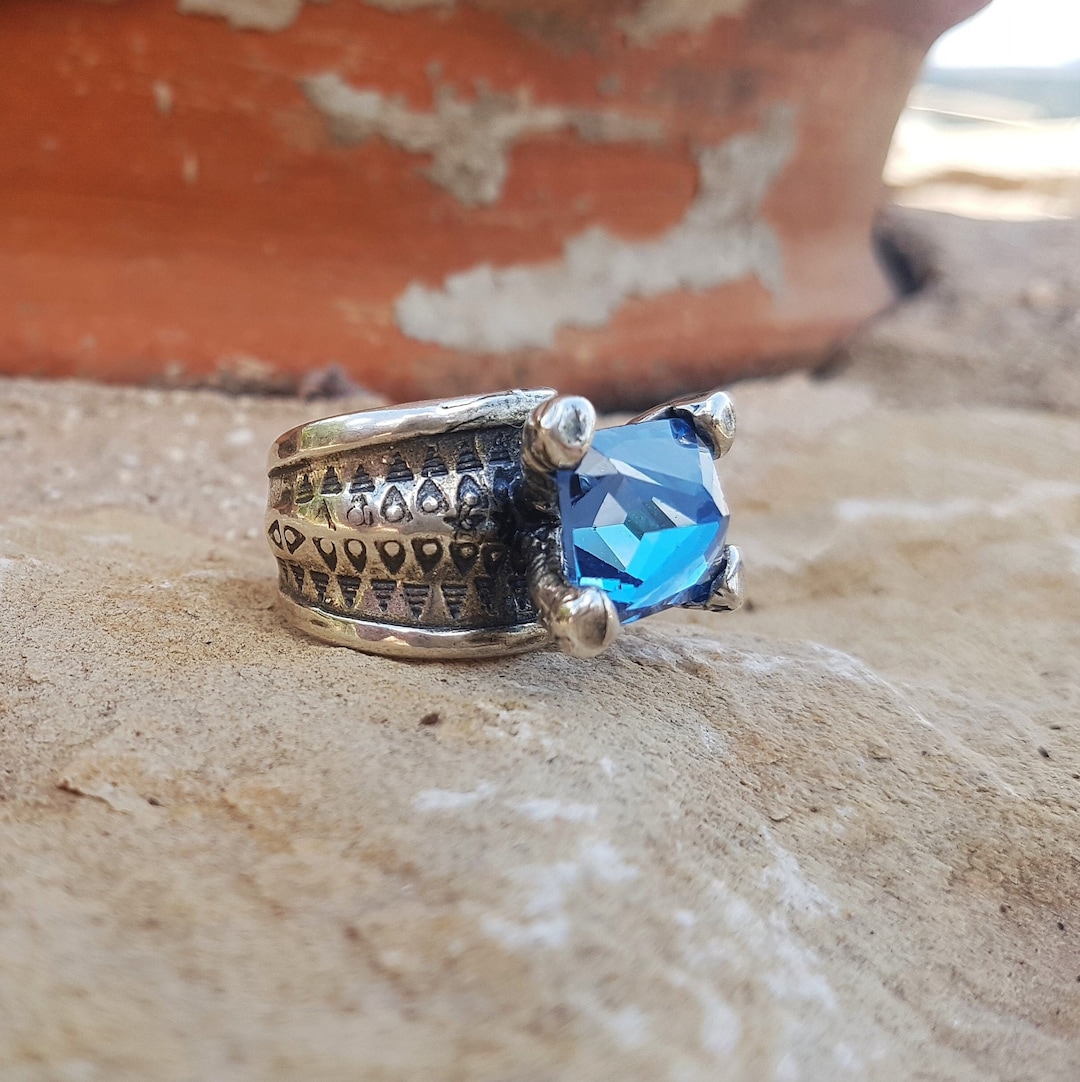 Silver Bohemian Wide Rectangle Ring Large Blue Stone Ring Gift - Etsy