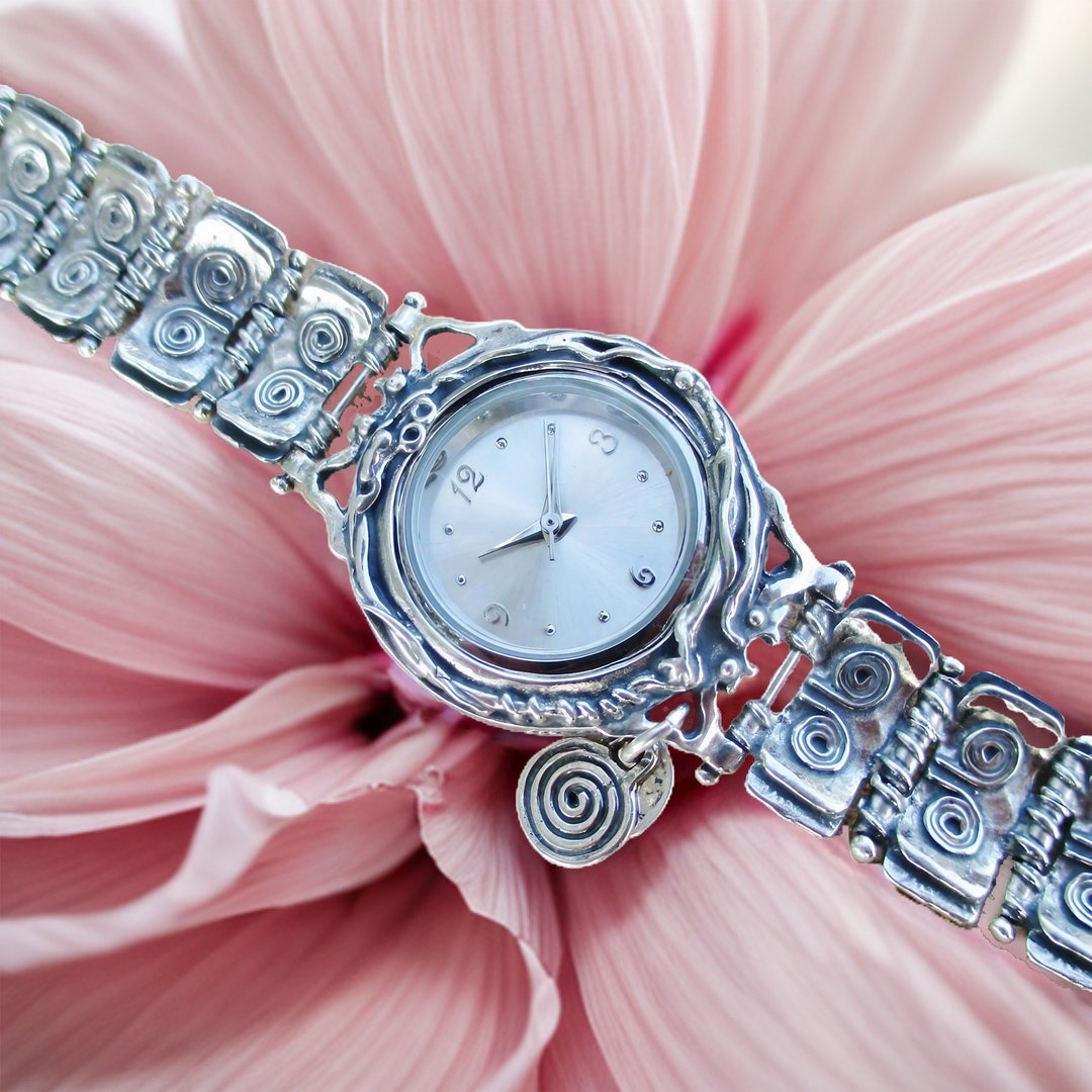 Sterling Silver Statement Wrist Watch, Oxidized Hammered Spiral Links ...