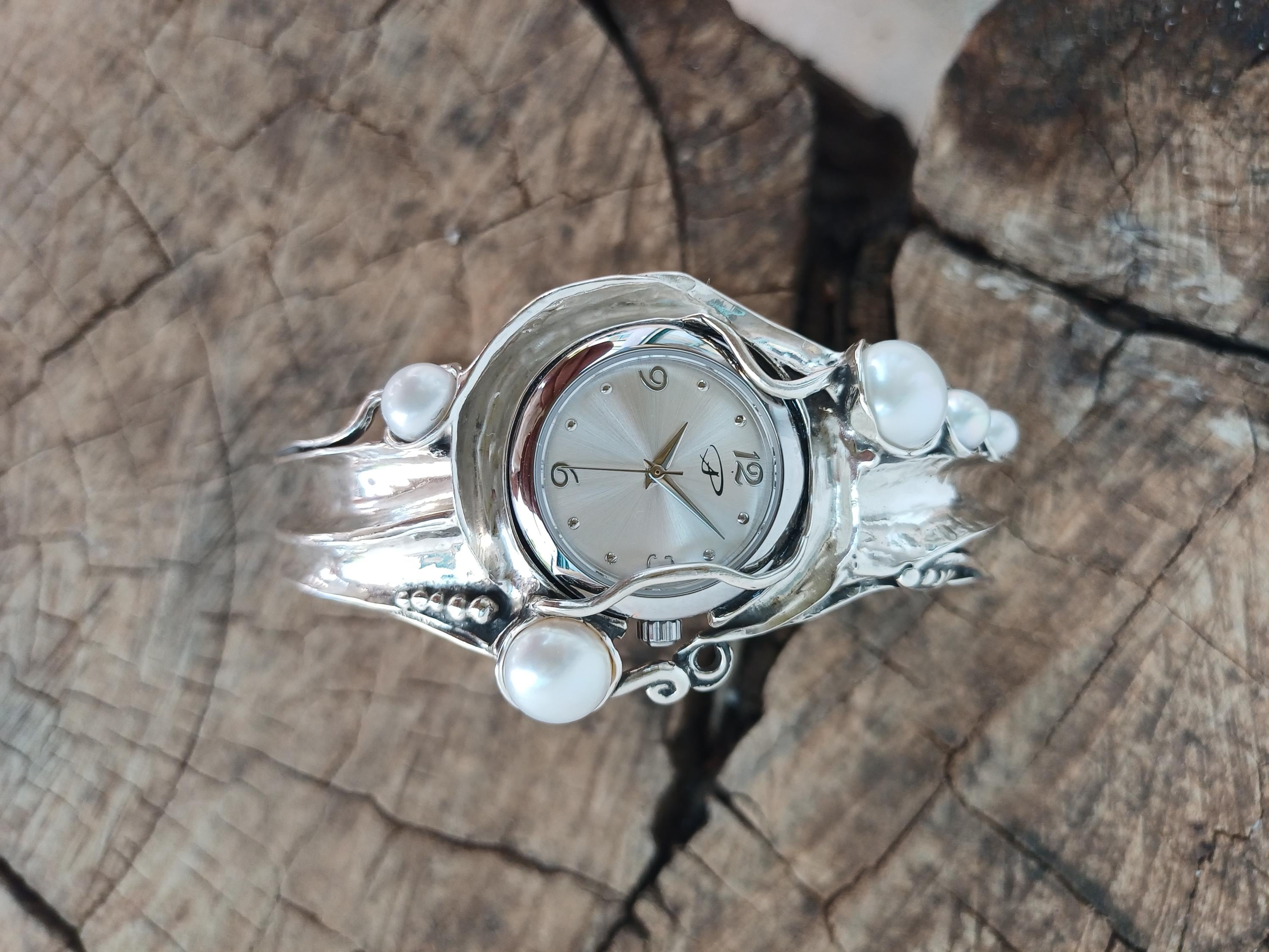 Sterling Silver Cuff Watch With White Pearls Artisan Handmade Women's ...