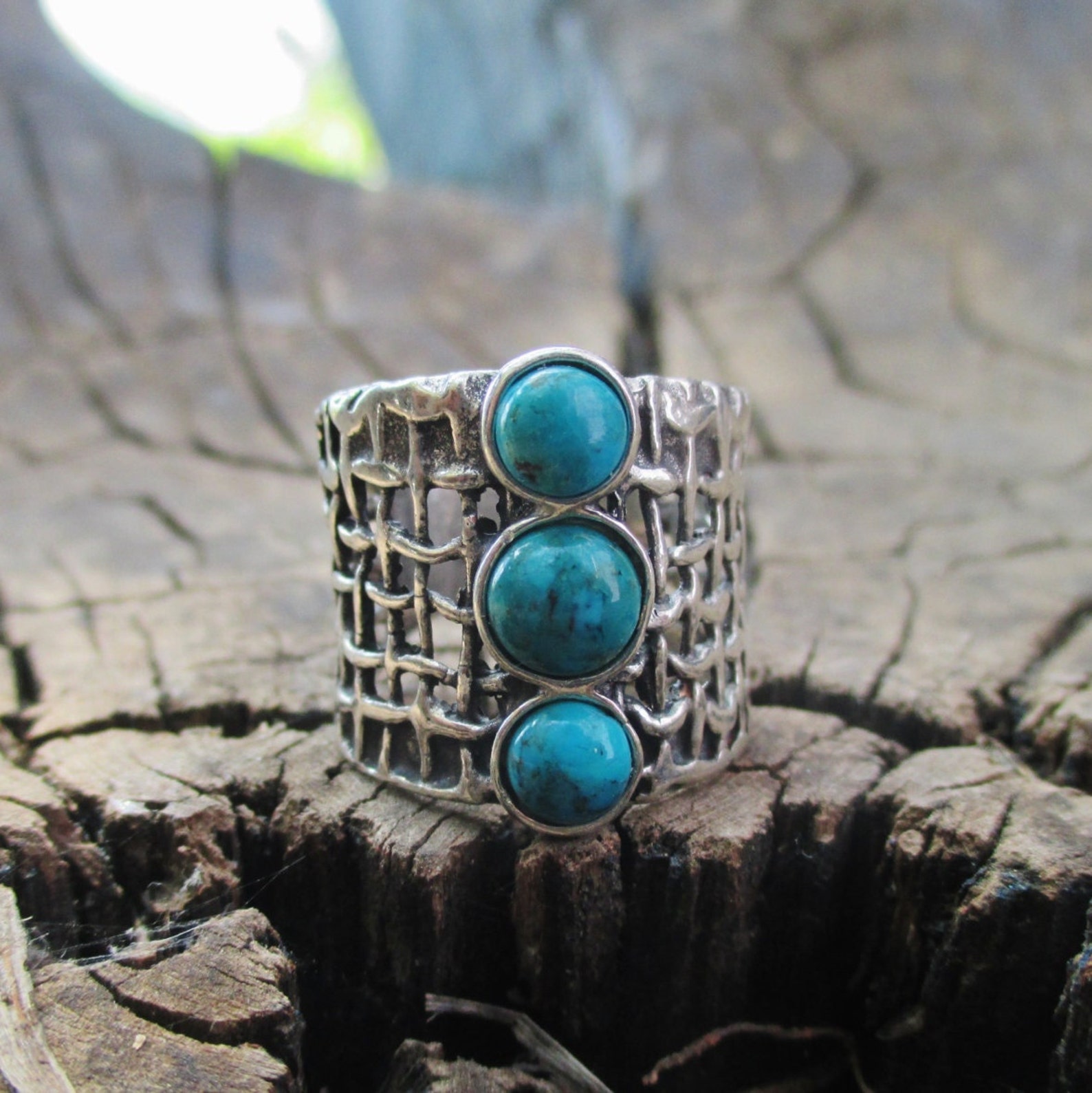 Silver Multi Stone Lattice Ring, Wide Turquoise Ring for Women, Design ...