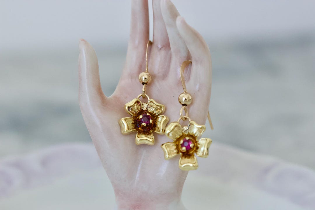 1940s 1950s Vintage Ruby Flower Earrings in 14k Yellow Gold, July ...
