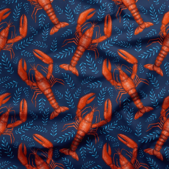 Lobsters Pattern in Navy Blue Fabric | Etsy