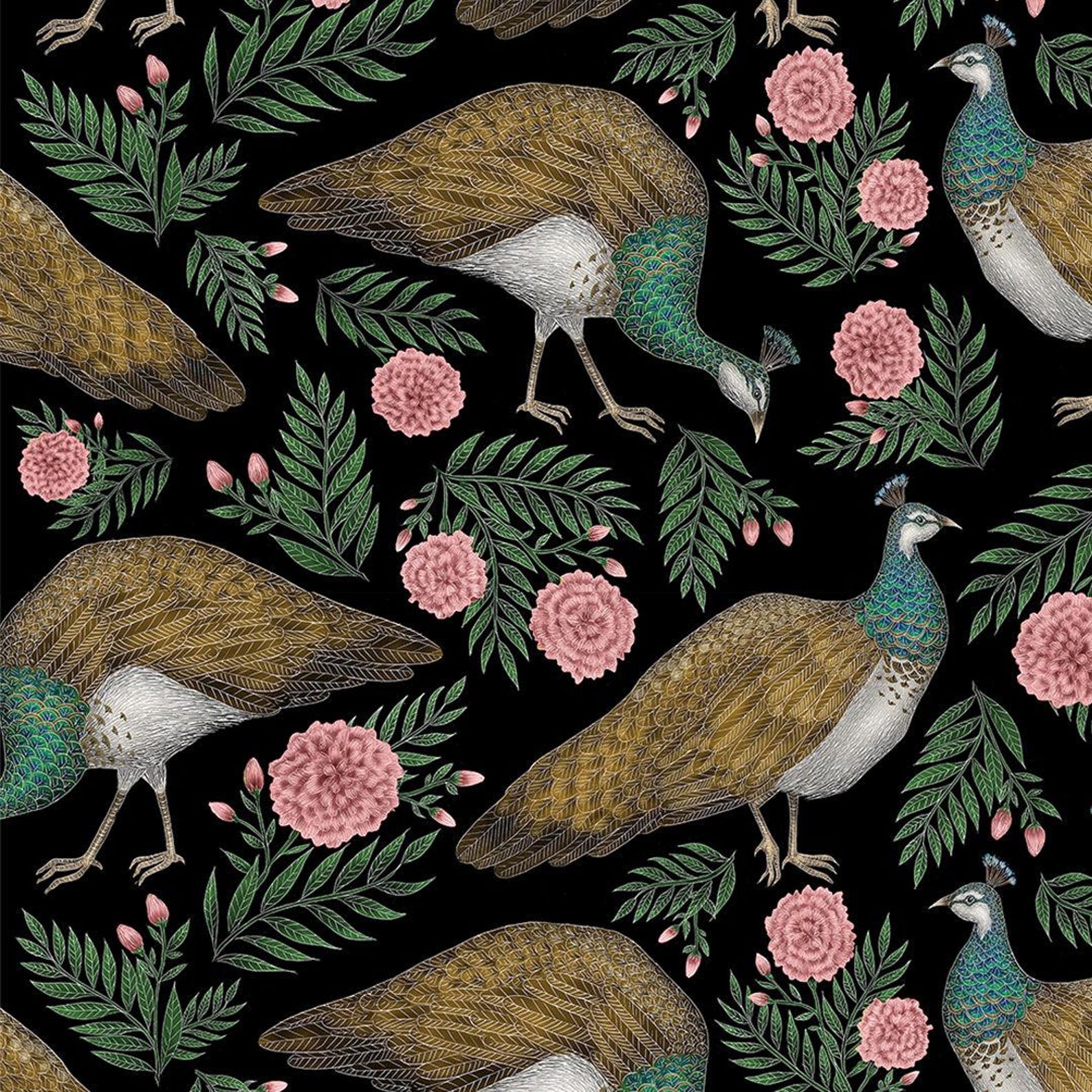 Peahen Pattern Midnight Black Wallpaper - Etsy