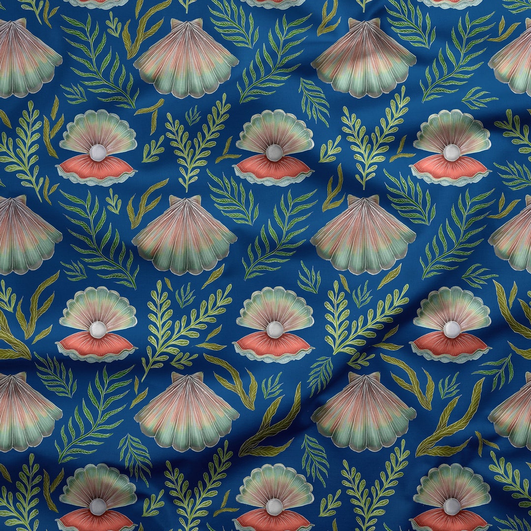 Shell With Pearl Pattern Deep Blue Fabric - Etsy UK