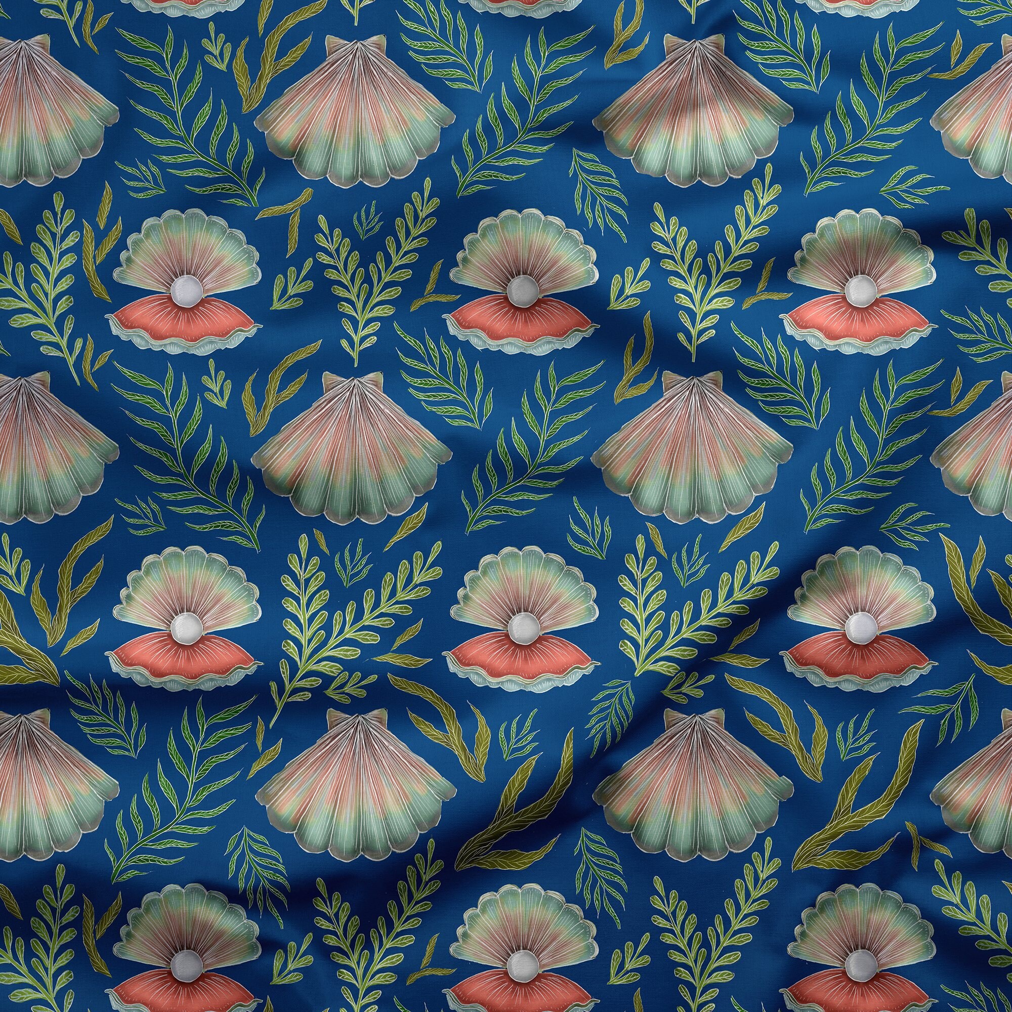 Shell With Pearl Pattern Deep Blue Fabric - Etsy UK