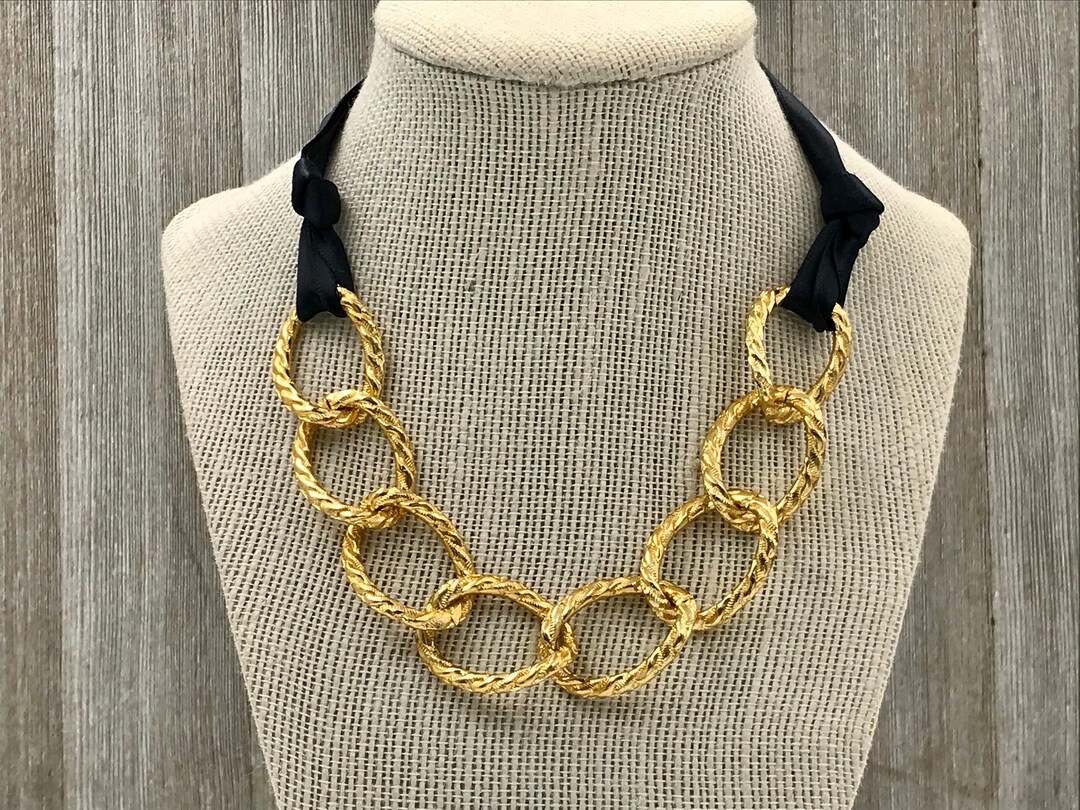 Ribbon and Chain Necklace,black Ribbon Bib Necklace,chunky Gold Chain ...
