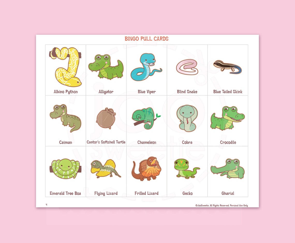 Reptile Bingo Game KitPrintable PDF Download | Etsy