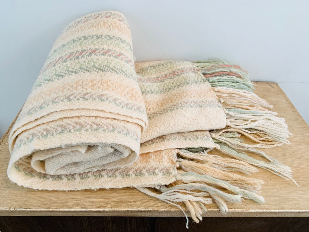 Vintage 100% Virgin Wool Cream Color Blanket by the Three Weavers ...