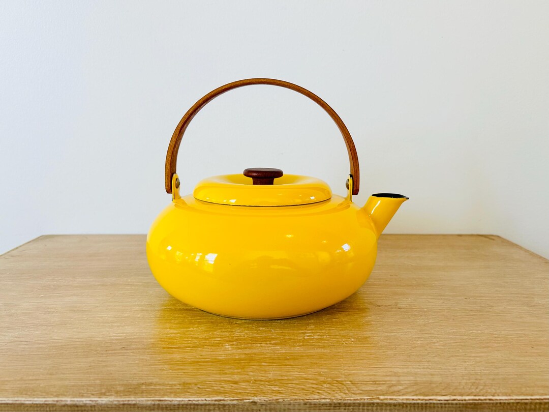 Vintage Enamel and Teak Yellow Copco Tea Pot Tea Kettle by Sam Lebowitz ...