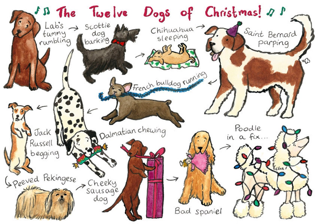 Pack of Six "the Twelve Dogs of Christmas"... a Pack of Six Cards for ...