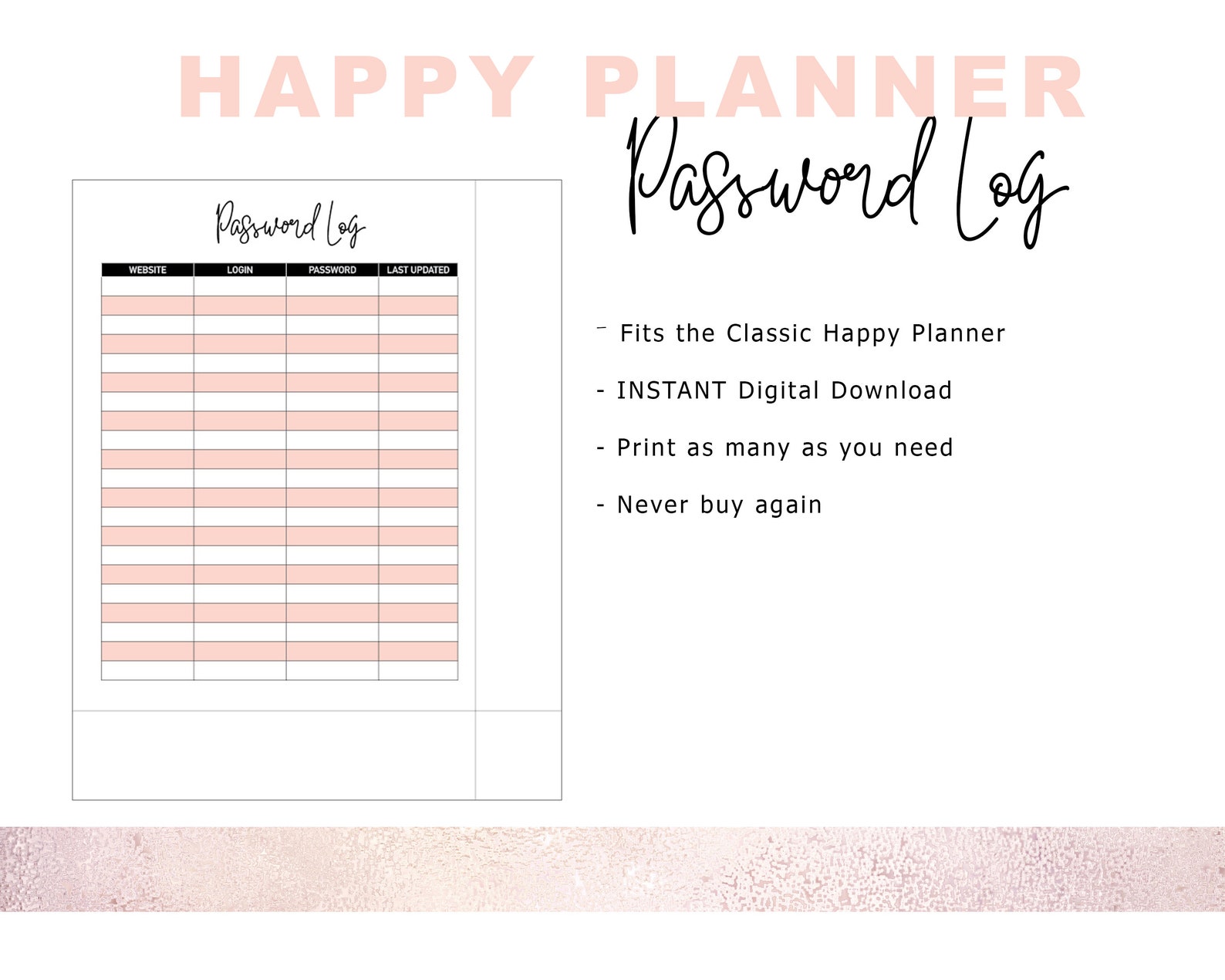 Classic HAPPY PLANNER Insert Password Log - Printable | Instant ...