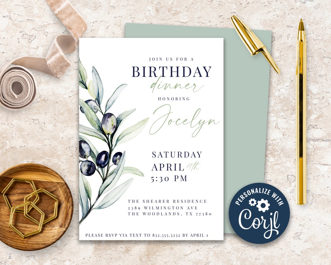 Italian Olive Branch Watercolor Birthday Invitation, Printable Olive ...