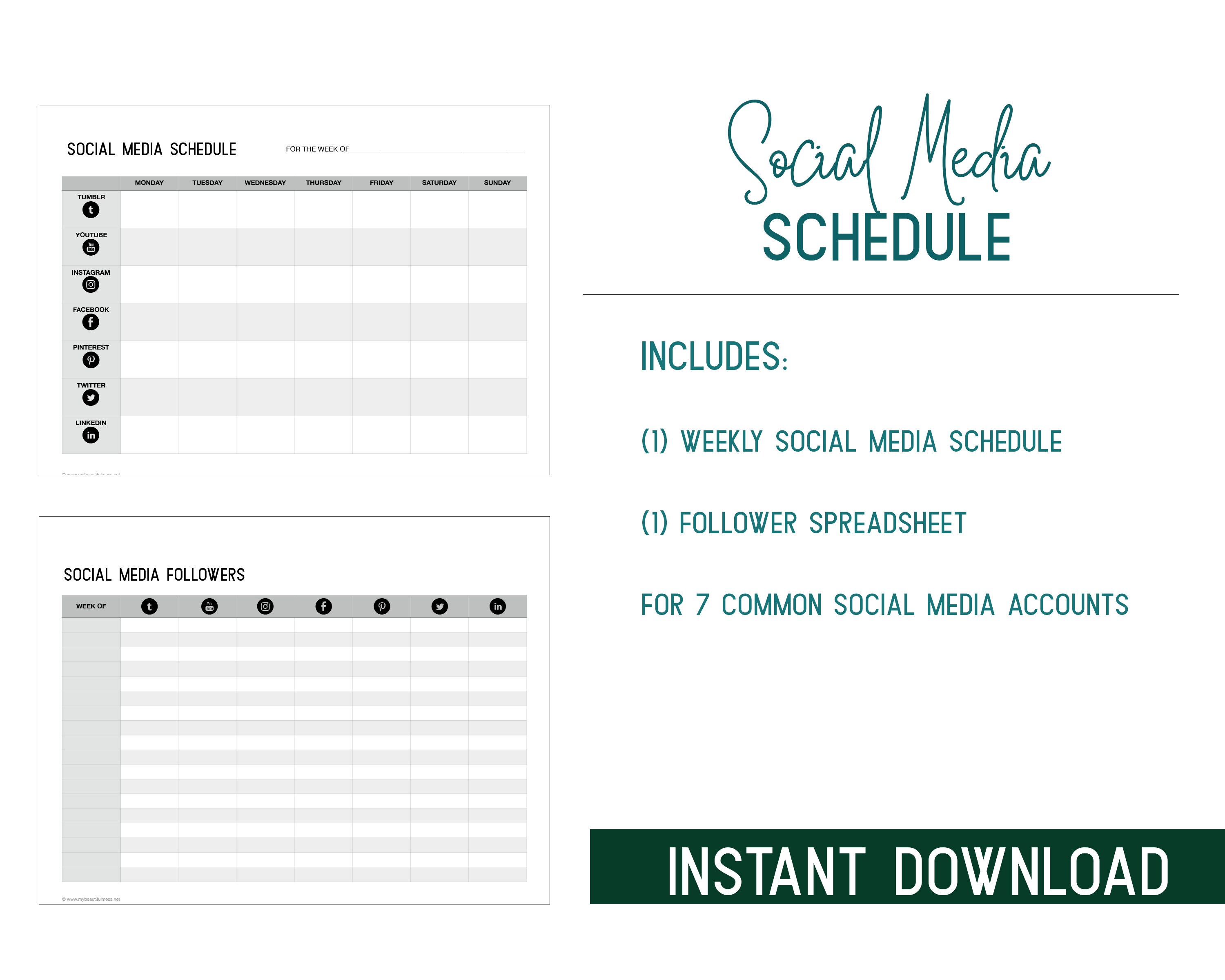 Social Media Schedule / Followers Tracker- PRINTABLE - INSTANT DOWNLOAD ...