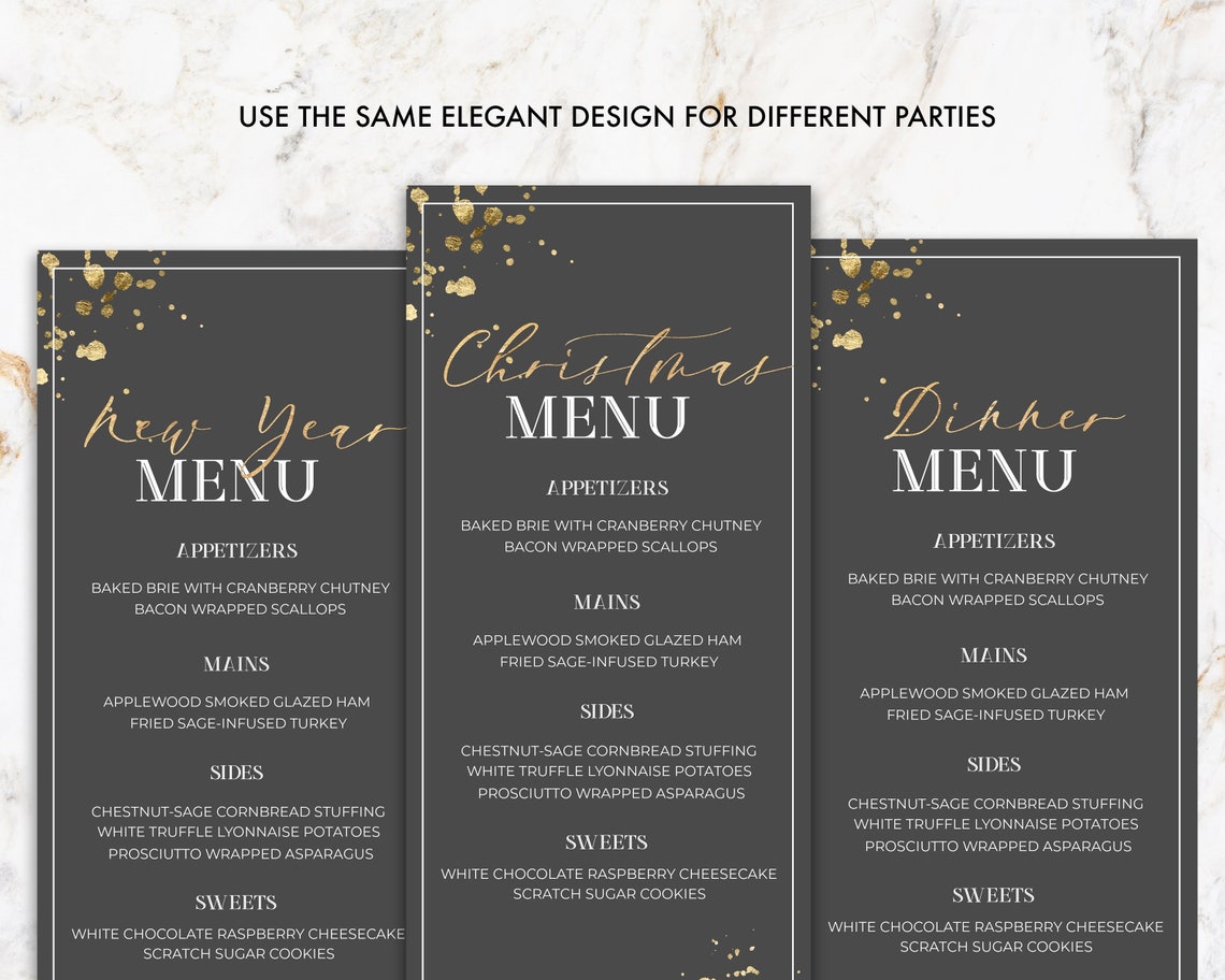Editable Elegant Gold Dinner Menu, Minimalist Dinner Menu, New Years ...