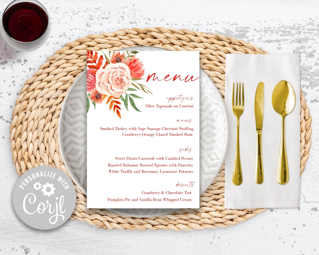 Editable Fall Floral Menu, Printable Holiday Menu Editable Dinner Party ...