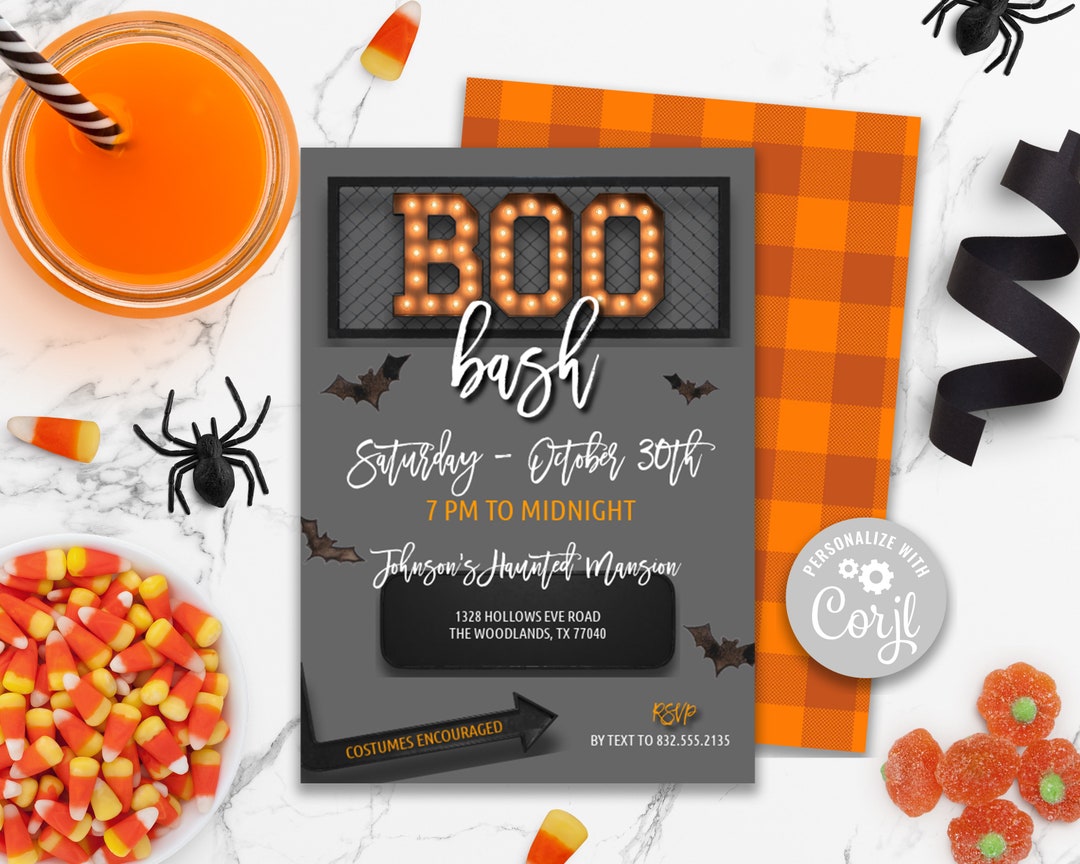 Halloween Party Invitation, Boo Bash Invite, Marquee Lights Editable ...