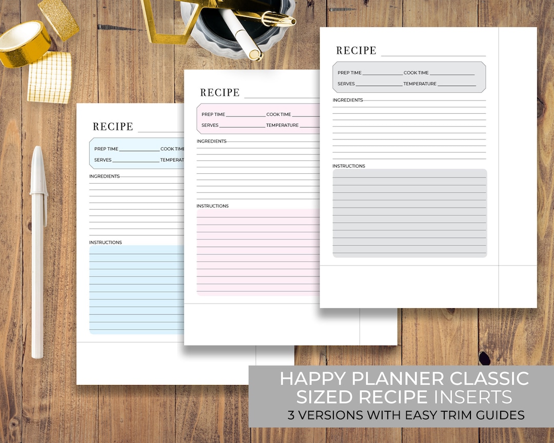 Classic HAPPY PLANNER Recipe Insert, Printable Planner Insert, Planner ...