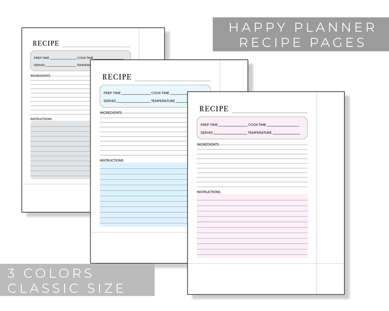 Classic HAPPY PLANNER Recipe Insert, Printable Planner Insert, Planner ...
