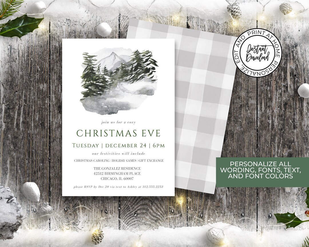 Editable Christmas Eve Invitation, Rustic Christmas Invitation ...