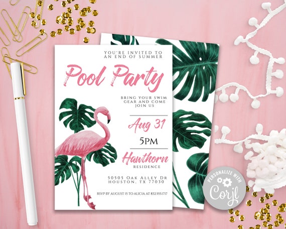 Flamingo Pool Party Invitation Tropical Printable Invitation - Etsy