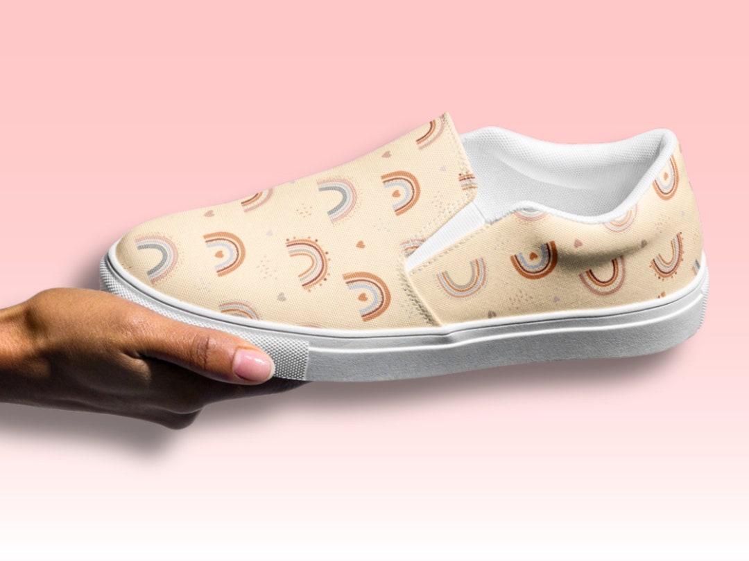 Boho Rainbows Slip-on Shoes for Women - Neutral Canvas Shoes - Neutral Rainbows - Beige and Tan ...