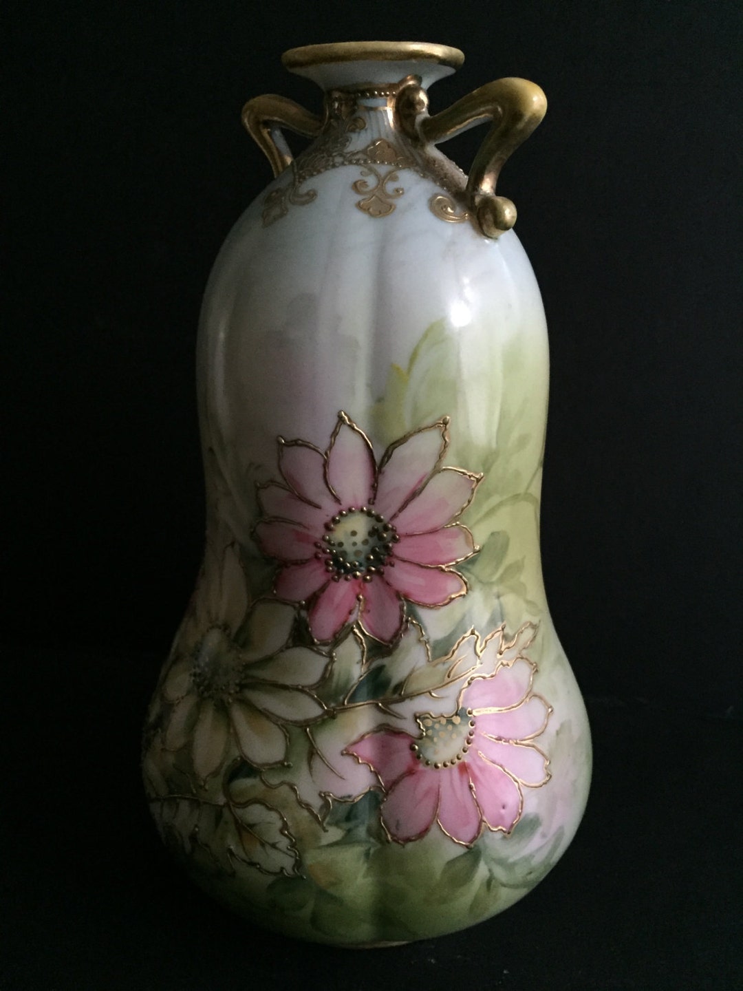 ANTIQUE NIPPON "pear" Shape Vase Hand Painted Flowers With Gold Moriage ...