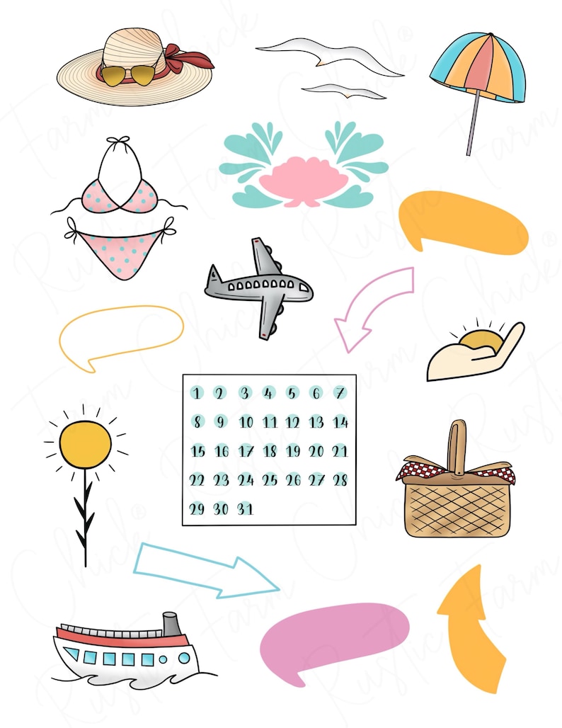 SUMMER Digital Stickers, Seashells, Flip Flops, Mermaid, Beach Pre ...