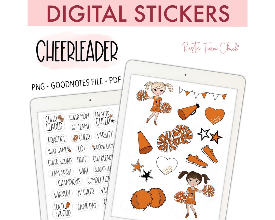 ORANGE CHEERLEADER Digital Stickers, Cheer Pre-cropped Digital Planner ...