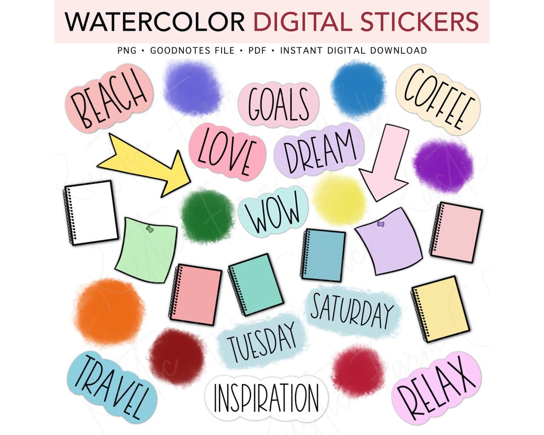 WATERCOLOR Digital Stickers, Basic Everyday Pre-cropped Digital Planner ...