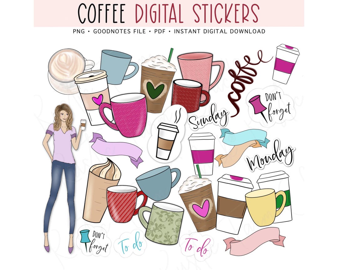 COFFEE Digital Stickers, Goodnotes Stickers, Pre-cropped Digital ...