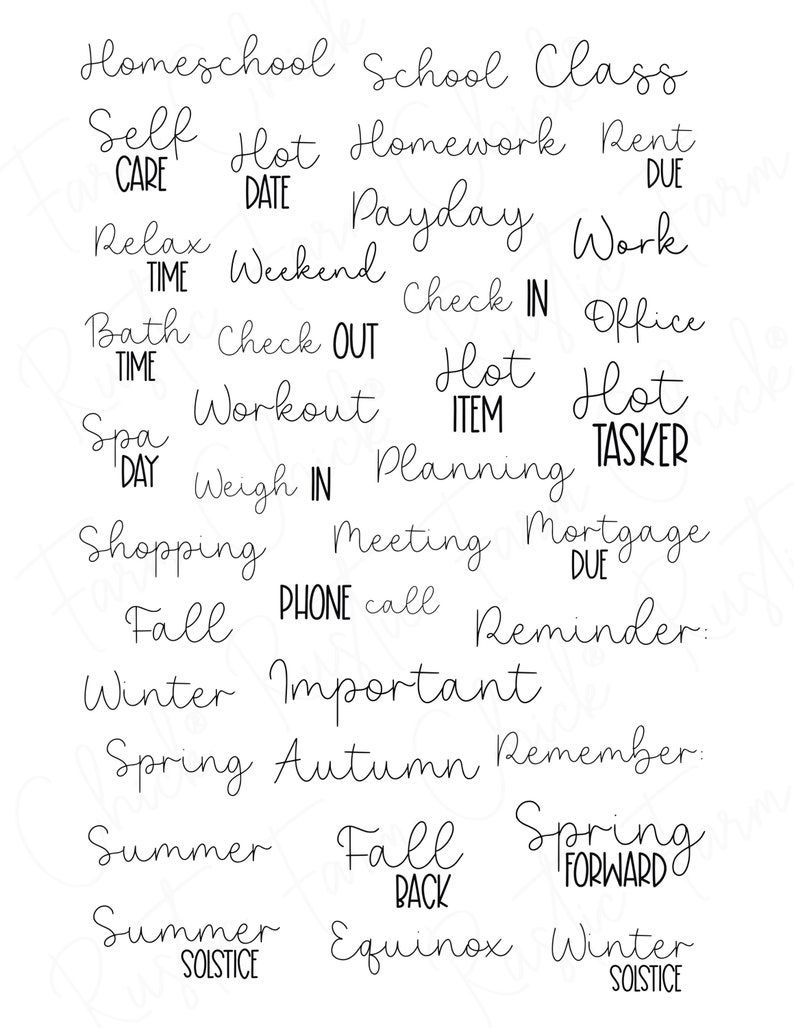 PLANNER WORDS Digital Stickers, Basic Calendar Pre-cropped Digital ...