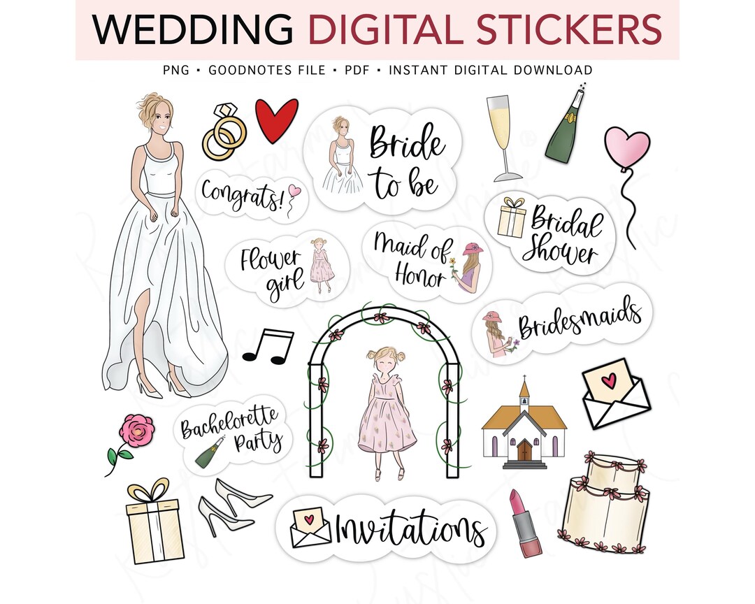 WEDDING PLANNER Digital Stickers, Bridal Pre-cropped Digital Planner ...