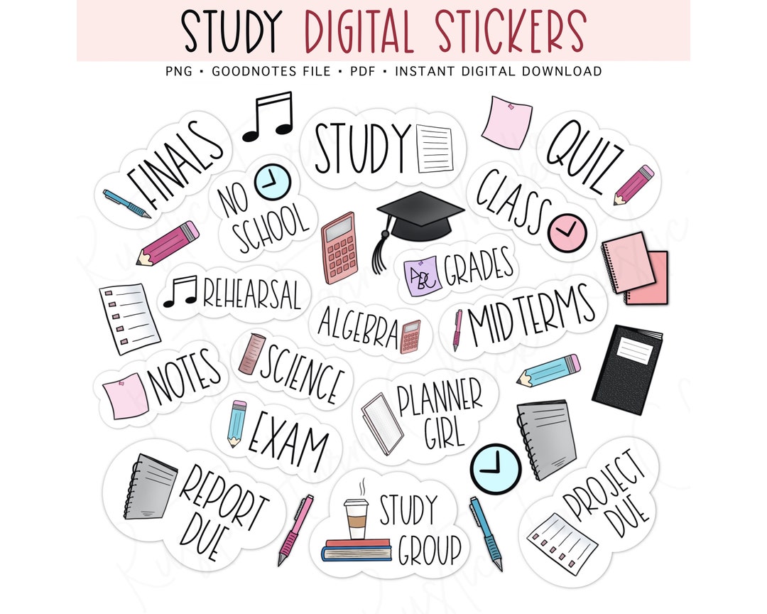 STUDY Digital Stickers for Goodnotes, Pre-cropped School Planner ...