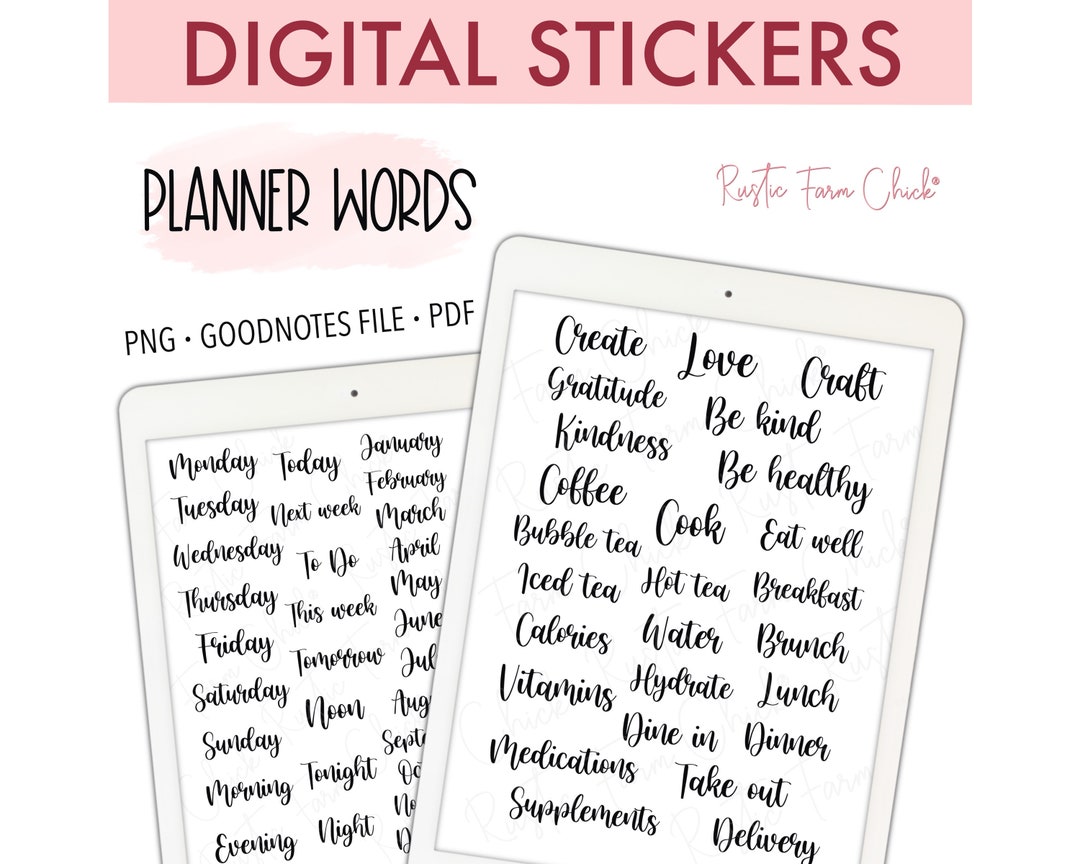 PLANNER WORDS Digital Stickers, Basic Pre-cropped Digital Planning ...