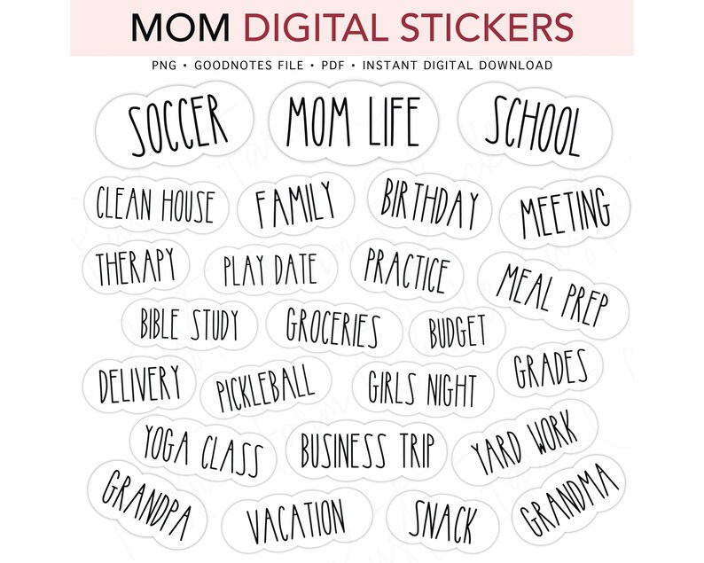 MOM PLANNER WORDS Digital Stickers, Mom Life Pre-cropped Digital ...
