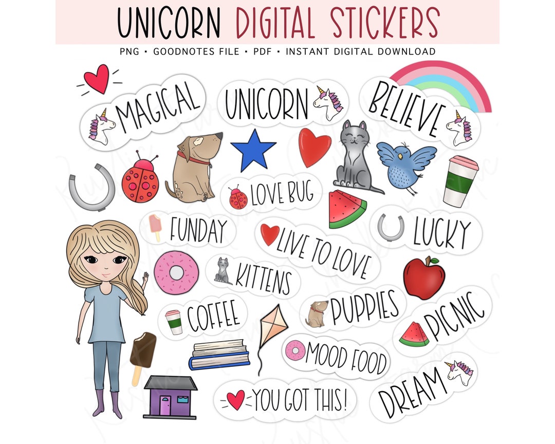 UNICORN Digital Stickers for Goodnotes, Cute Pre-cropped Digital ...