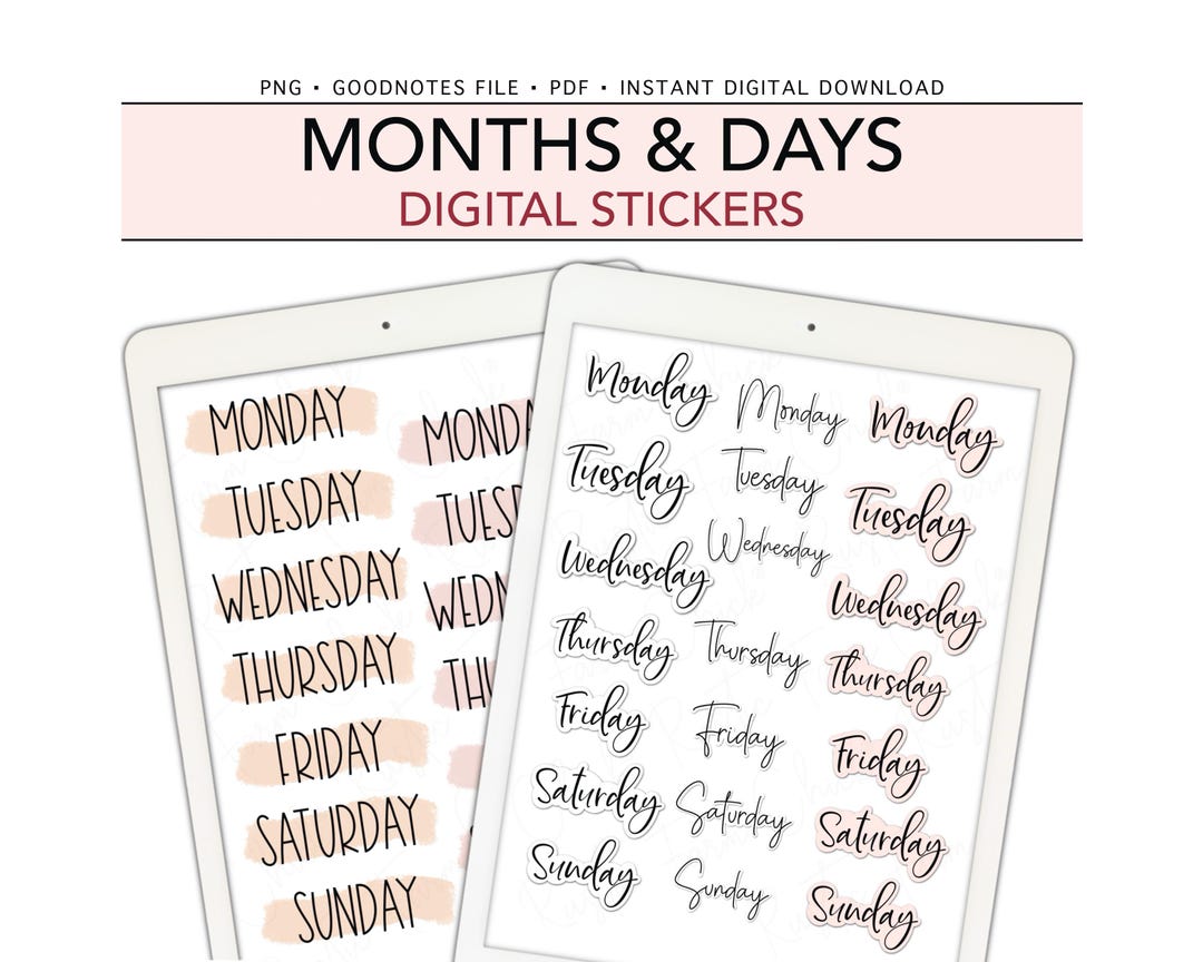 MONTHS & DAYS Digital Stickers for Goodnotes, Basic Pre-cropped Digital ...