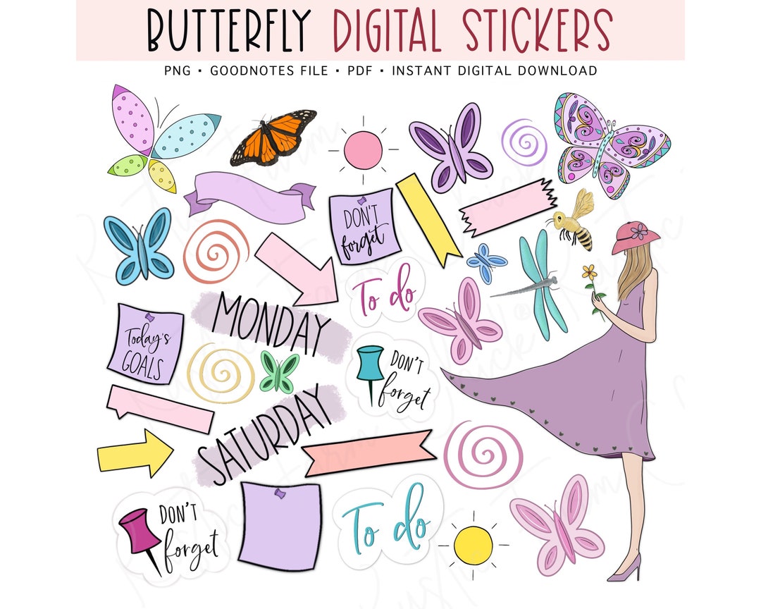 BUTTERFLY Digital Stickers for Goodnotes, Pre-cropped Digital Planner ...