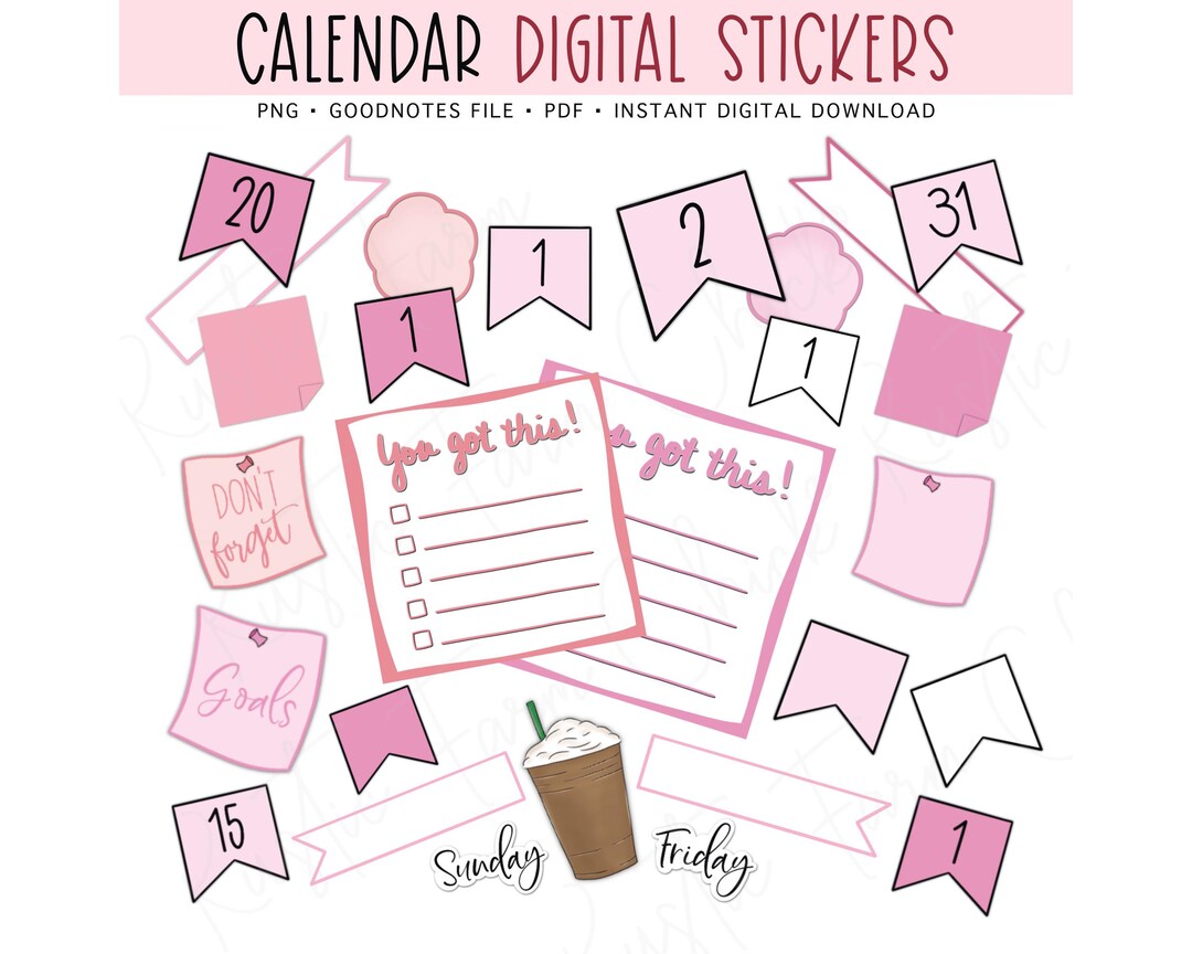 CALENDAR Digital Stickers, Pink Numbers Pre-cropped Digital Planner ...