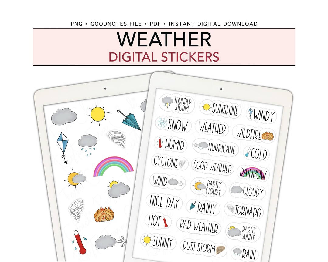 WEATHER TRACKER Goodnotes Stickers, Rain Wind Snow Clouds Digital ...