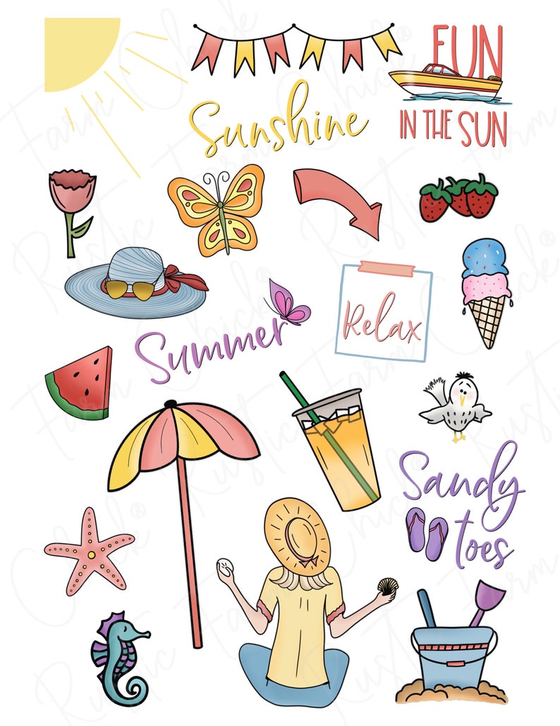 SUMMER Digital Stickers, Beach Vacation Pre-cropped Digital Planner ...