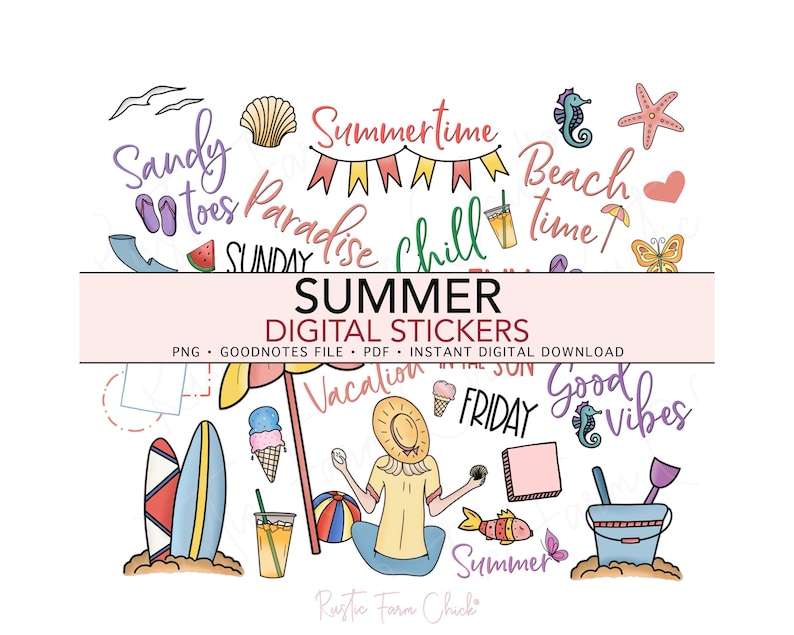 SUMMER Digital Stickers, Beach Vacation Pre-cropped Digital Planner ...
