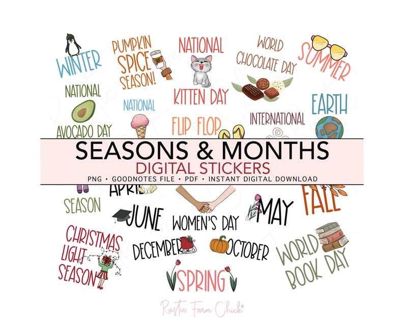 SEASONS & MONTHS Digital Stickers, Pre-cropped Digital Planner Words ...