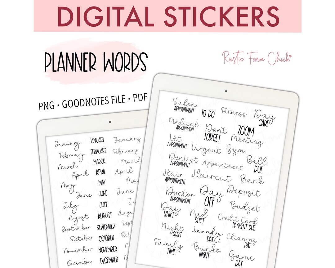 PLANNER WORDS Digital Stickers, Basic Calendar Pre-cropped Digital ...