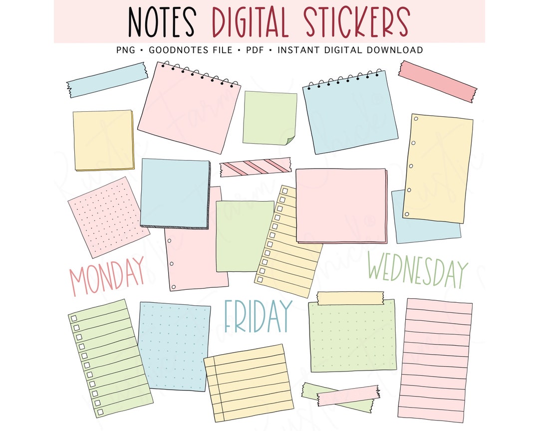 NOTES & NOTEPADS Digital Stickers for Goodnotes Planner, Pastel Sticky ...